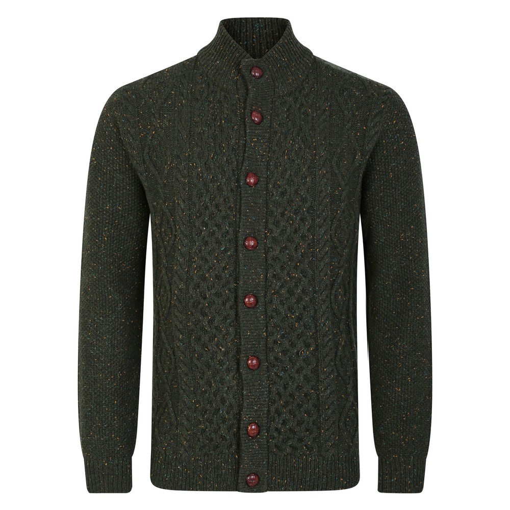 Mens Peter Gribby Aran Cable Donegal Button Jacket in Forest