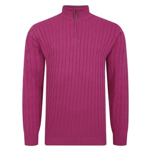 Mens Peter Gribby Quarter Zip Cable Fully Fashioned Jumper in Raspberry
